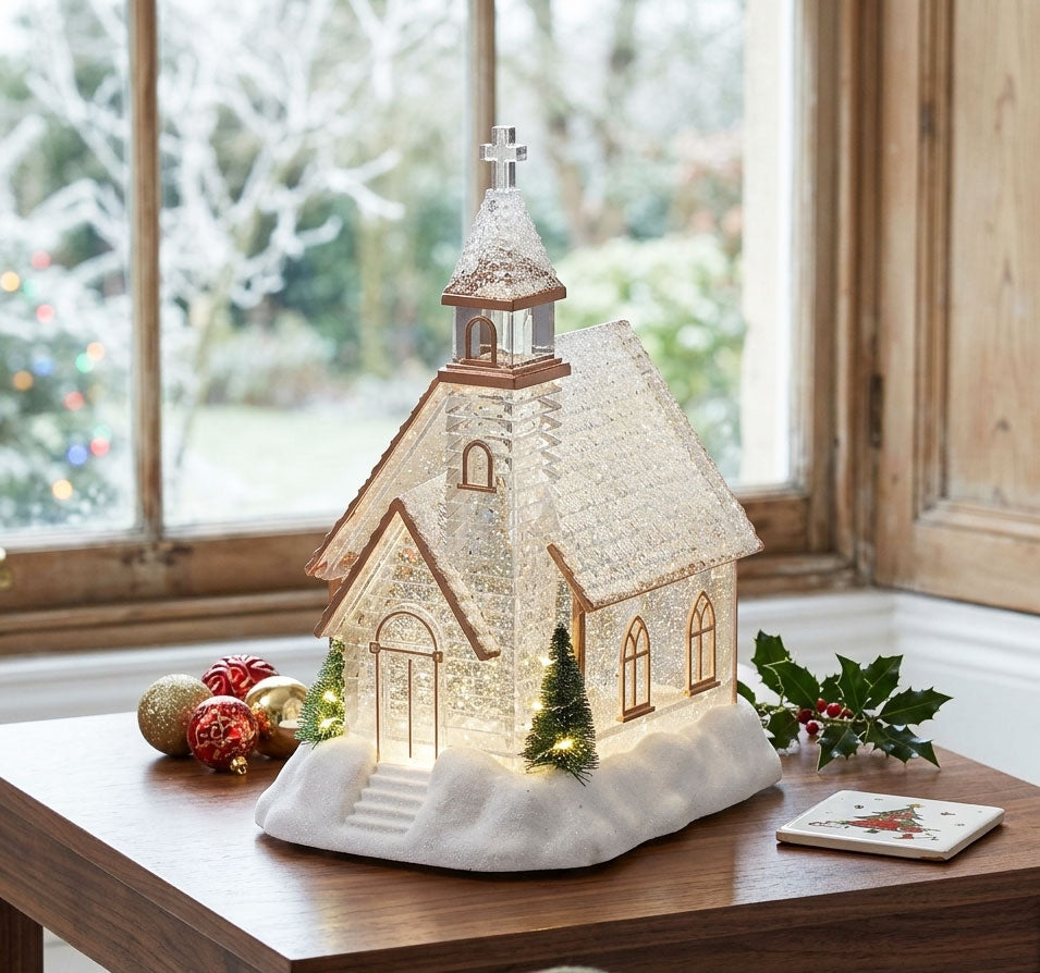 10.25 Inch Lighted Church Water Lantern With Pre Lit Trees in Swirling ...