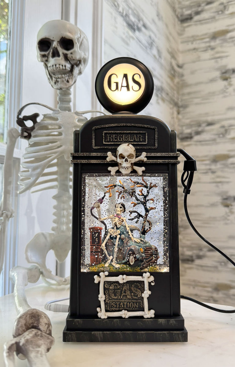 Skeleton Scene Gas Station Halloween Water Lantern With Swirling Glitt ...