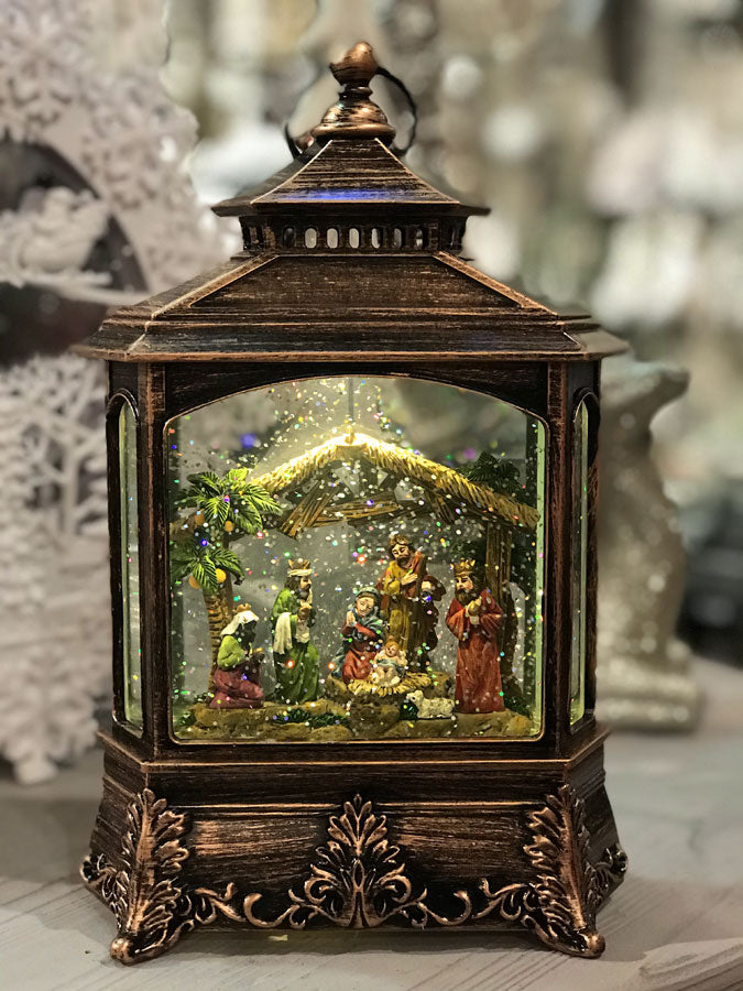 Nativity Scene Antique Bronze Lighted Water Lantern With Swirling Glit ...