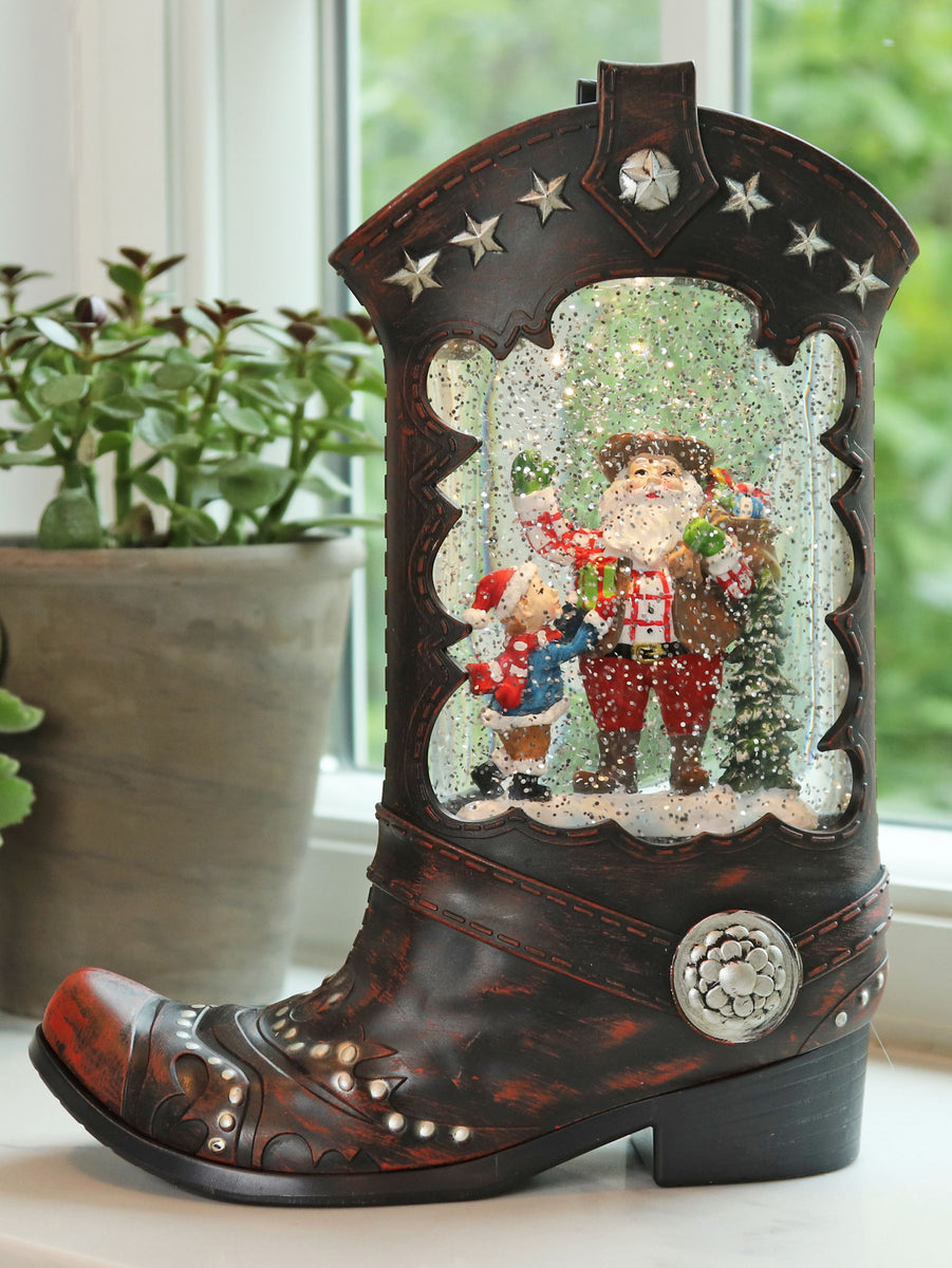Cowboy Boot Lighted Water Lantern With Santa In Swirling Glitter - 254 ...
