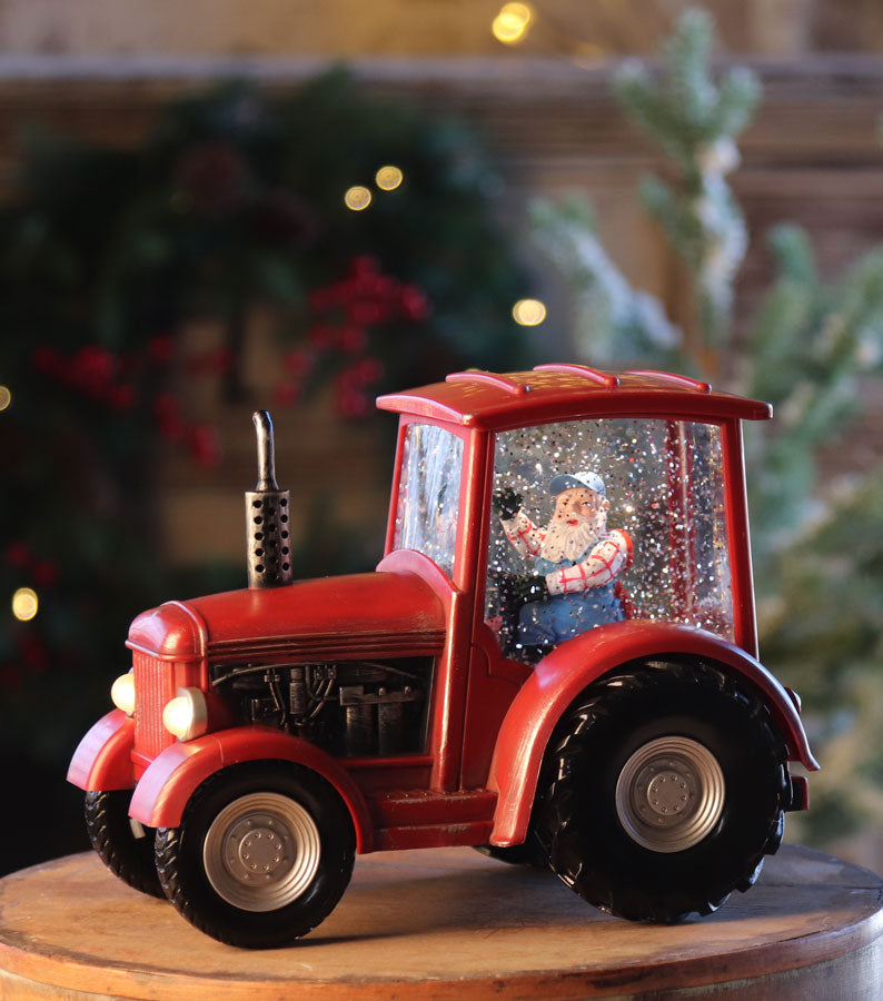 Farmer Santa In A Red Tractor Snow Globe - 76864 – Lighted Water Lanterns